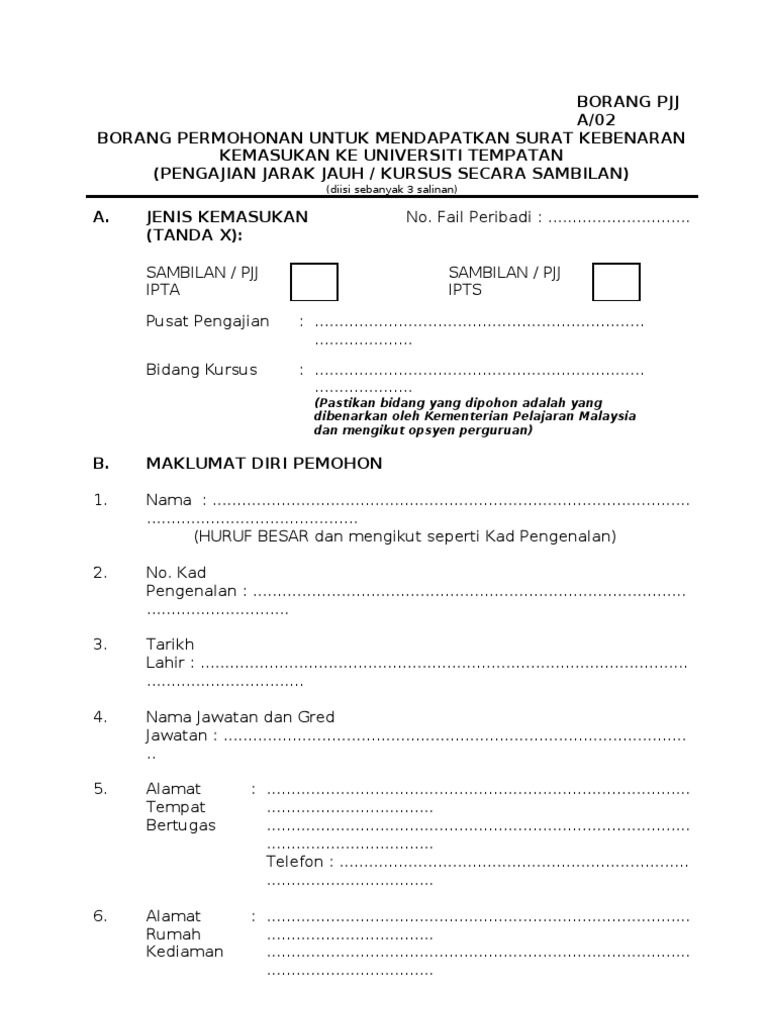 Borang PJJ B JPN Johor (Putih) | PDF