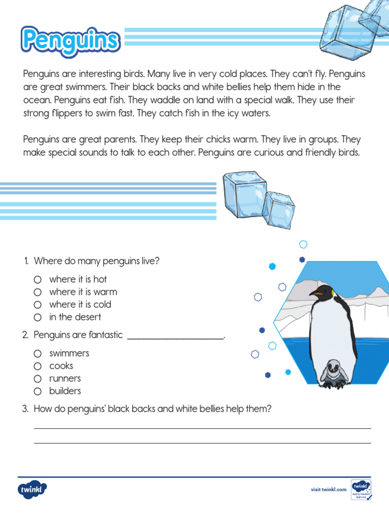 Color First Grade Penguins Reading Passage Comprehension Activity | PDF