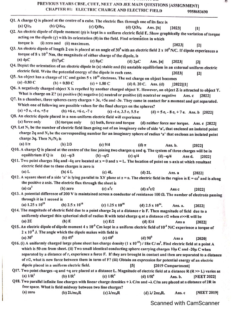 PYQ Assignment of Electric charge and field[1] | PDF