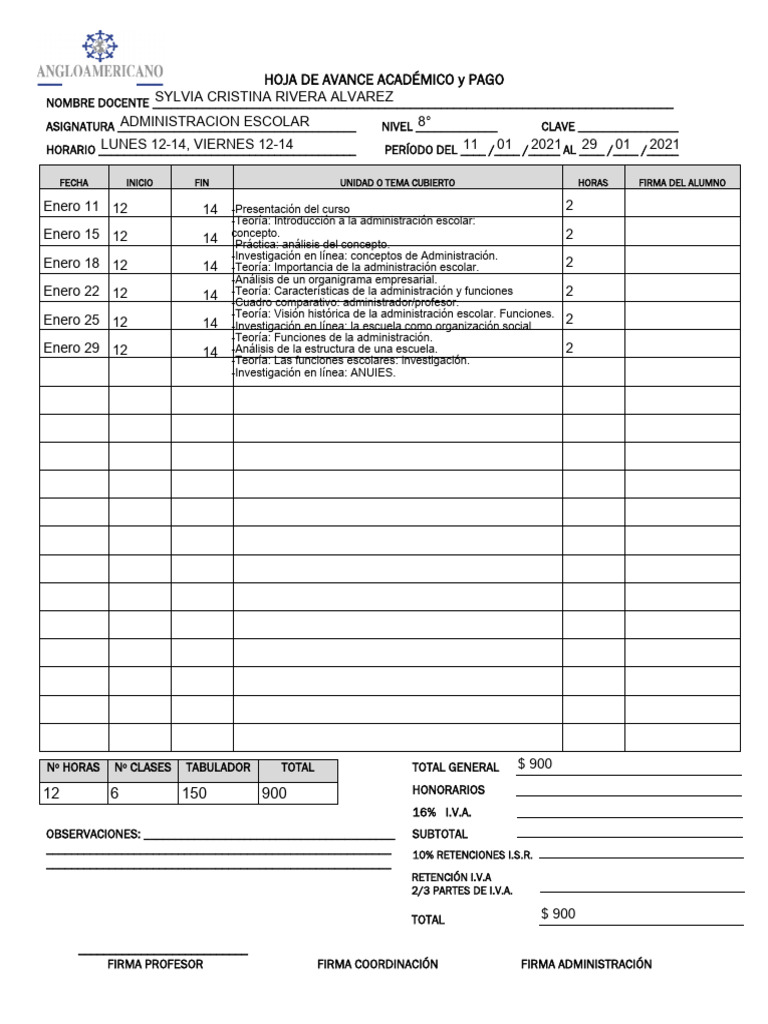 Hoja de Avance Admon Escolar 8 | PDF | Aprendizaje | Enseñando