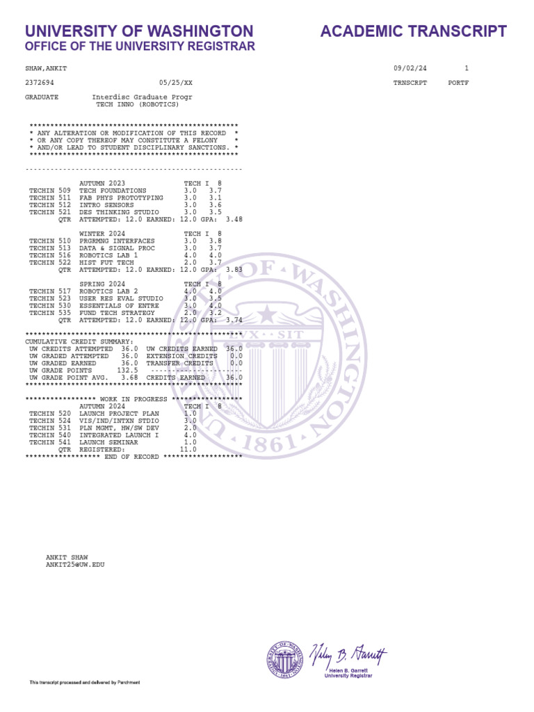UW Transcript Official 2024 | PDF | Academia