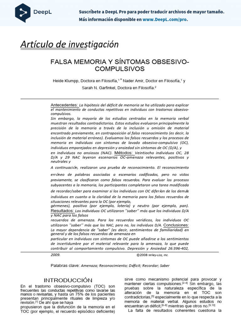 Falsa Memoria y Síntomas Obsesivo - Compulsivos | PDF | Desorden ...