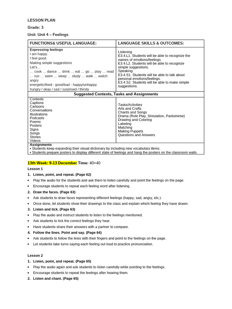 Grade 3-Unit 4-Daily Plan | PDF | Human Communication | Learning