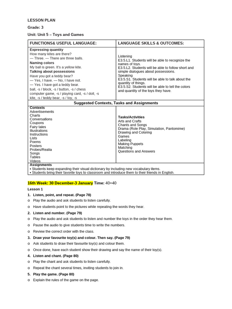 Grade 3-Unit 5-Daily Plan | PDF | Toys | Human Communication