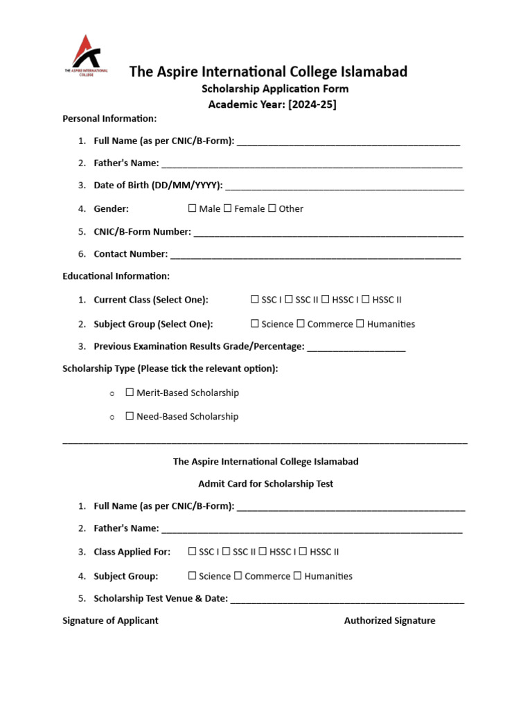 The Aspire International College Islamabad Scholarship Application Form ...