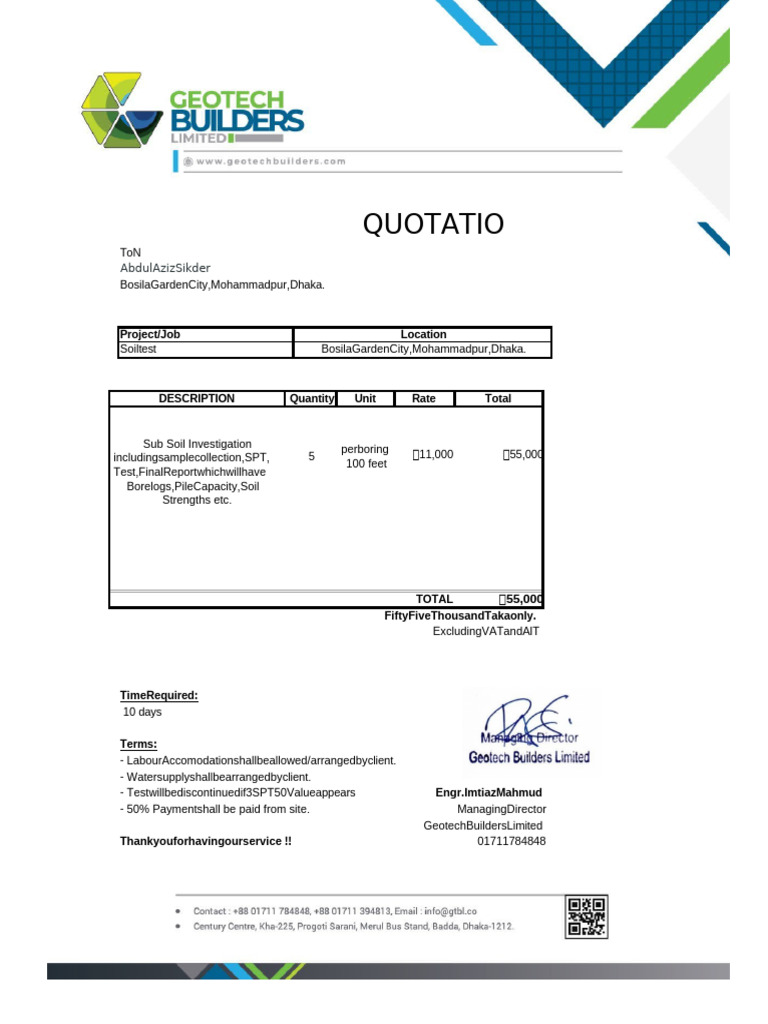 Geotechnical Investigation Quotation Dhaka | PDF