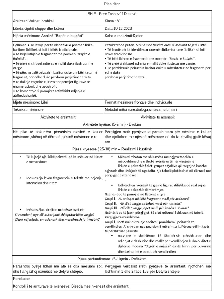 Plan Ditor Bageti e Bujqësi Analizë Kl6 | PDF