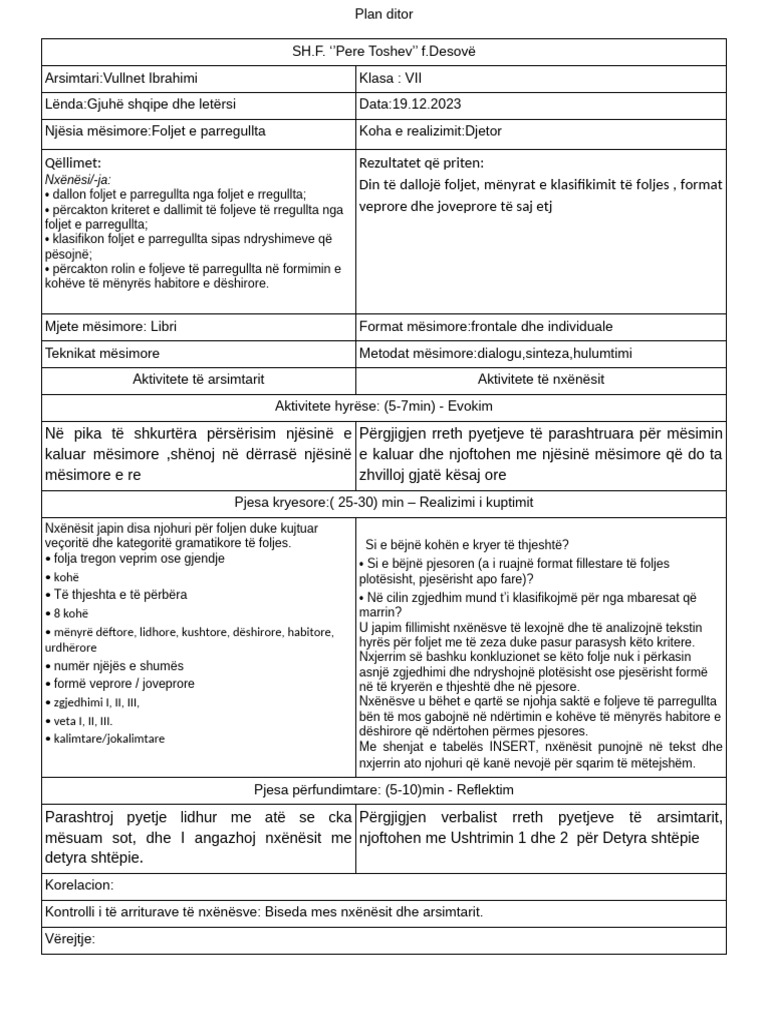 Plan Ditor Foljet e Parregullta | PDF
