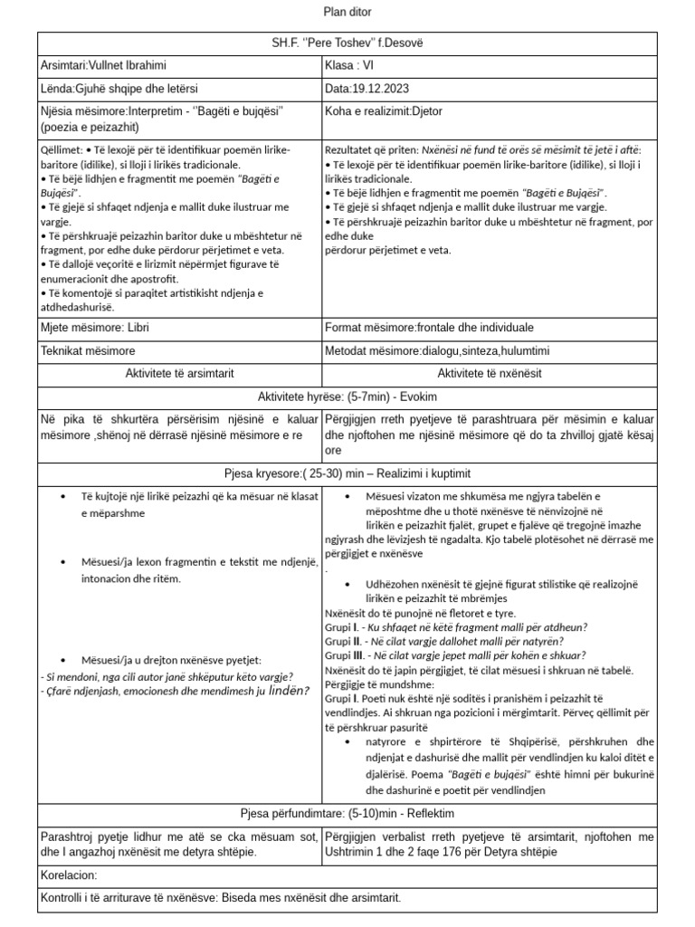 Plan Ditor Bageti e Bujqësi Interpretim kl6 | PDF
