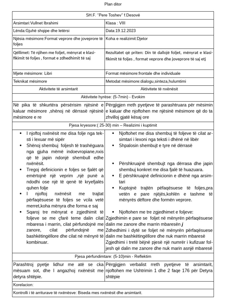 Plan Ditor Format Veprore Dhe Joveprore Kl.8 | PDF