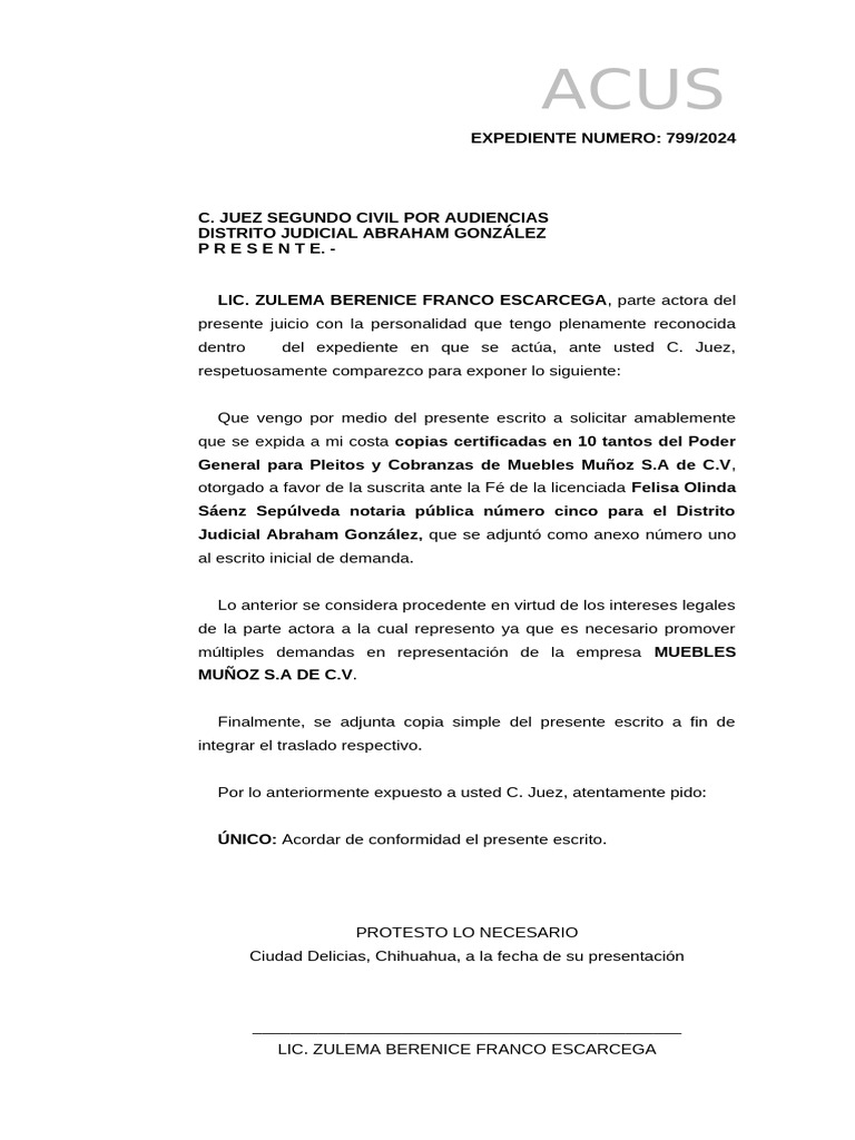 ESCRITO Solicitud de Copias Certificadas | PDF