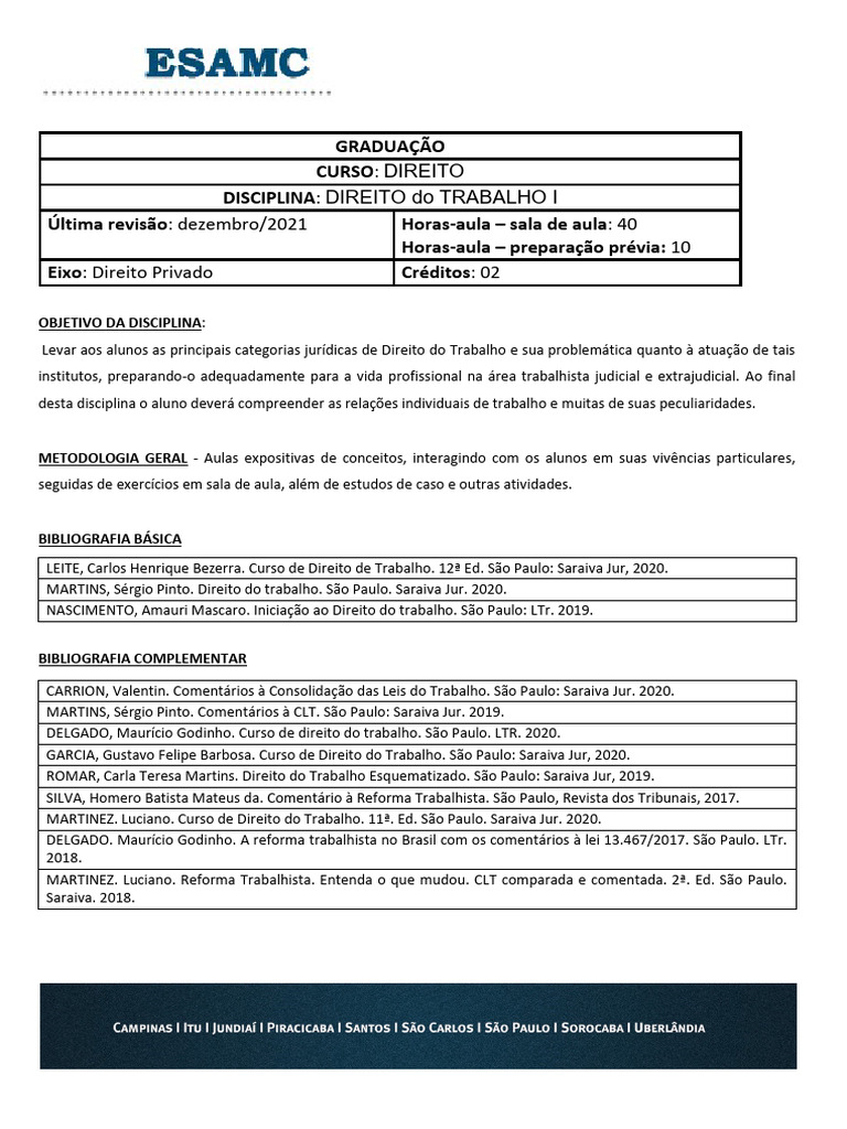 Programa - ESAMC - Direito do Trabalho I - 2022 -1(1) | PDF | Lei ...