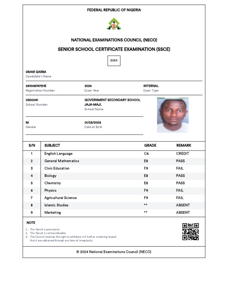 NECO Results Portal | PDF