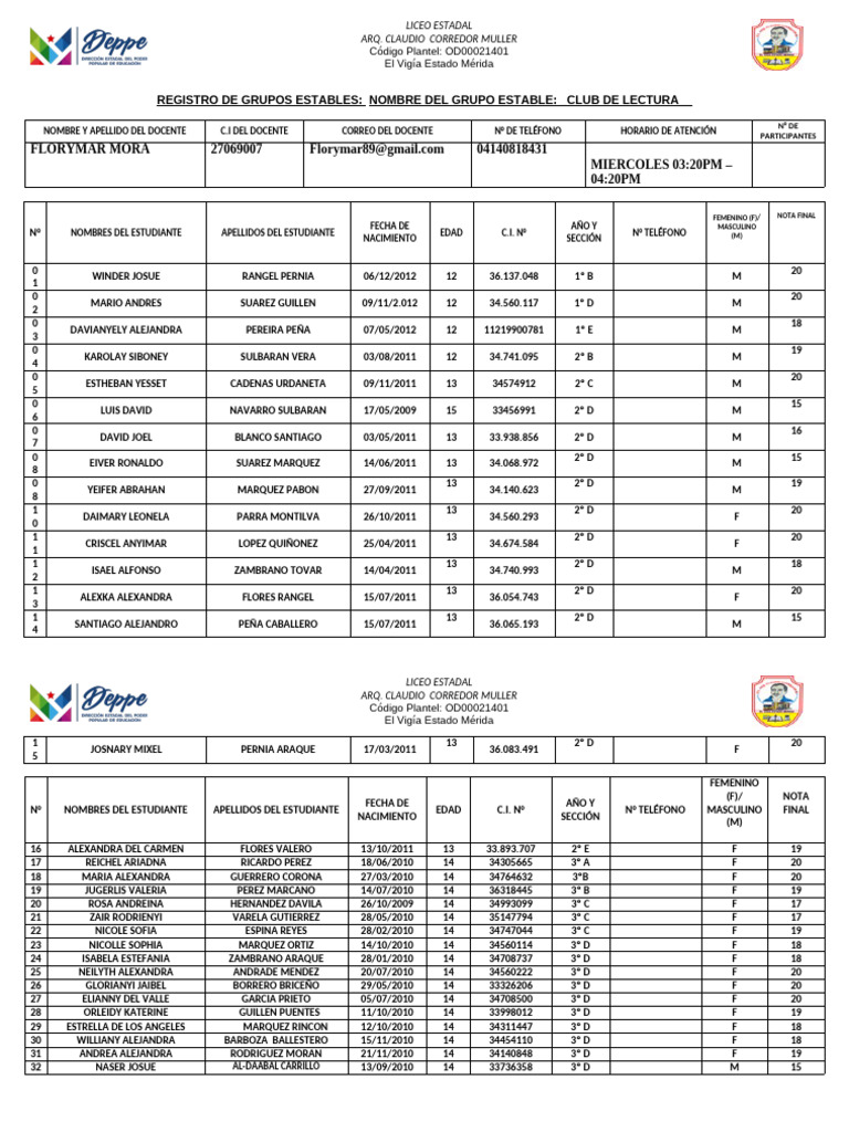 Formato Grupo Estable Notas 2024 | PDF
