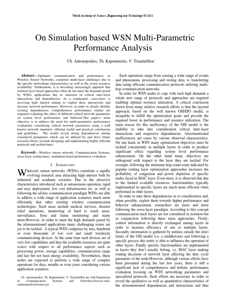 On Simulation Based WSN Multi-Parametric Performance Analysis | PDF | Wireless Sensor Network ...