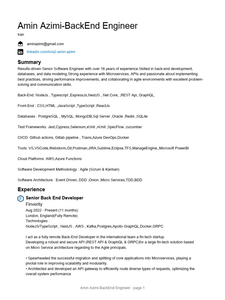 Amin Azimi-Backend Engineer: Senior Back End Developer | PDF | Postgre ...