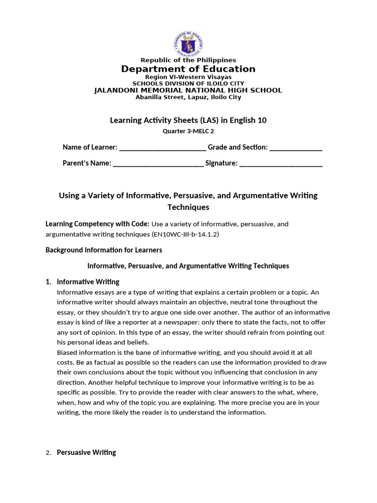Las in English 10. q3 Melc2 | PDF | Essays | Persuasion