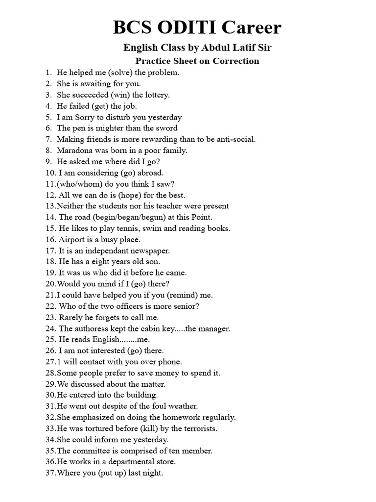 Practice Sheet On Correction | PDF