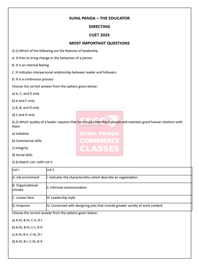 Directing Cuet 2025 Pyq | PDF | Incentive | Leadership