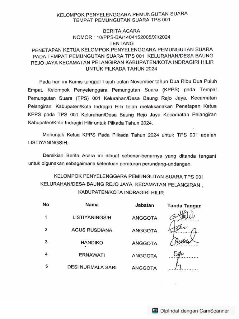 BA KPPS Ketua KPPS TPS01 | PDF