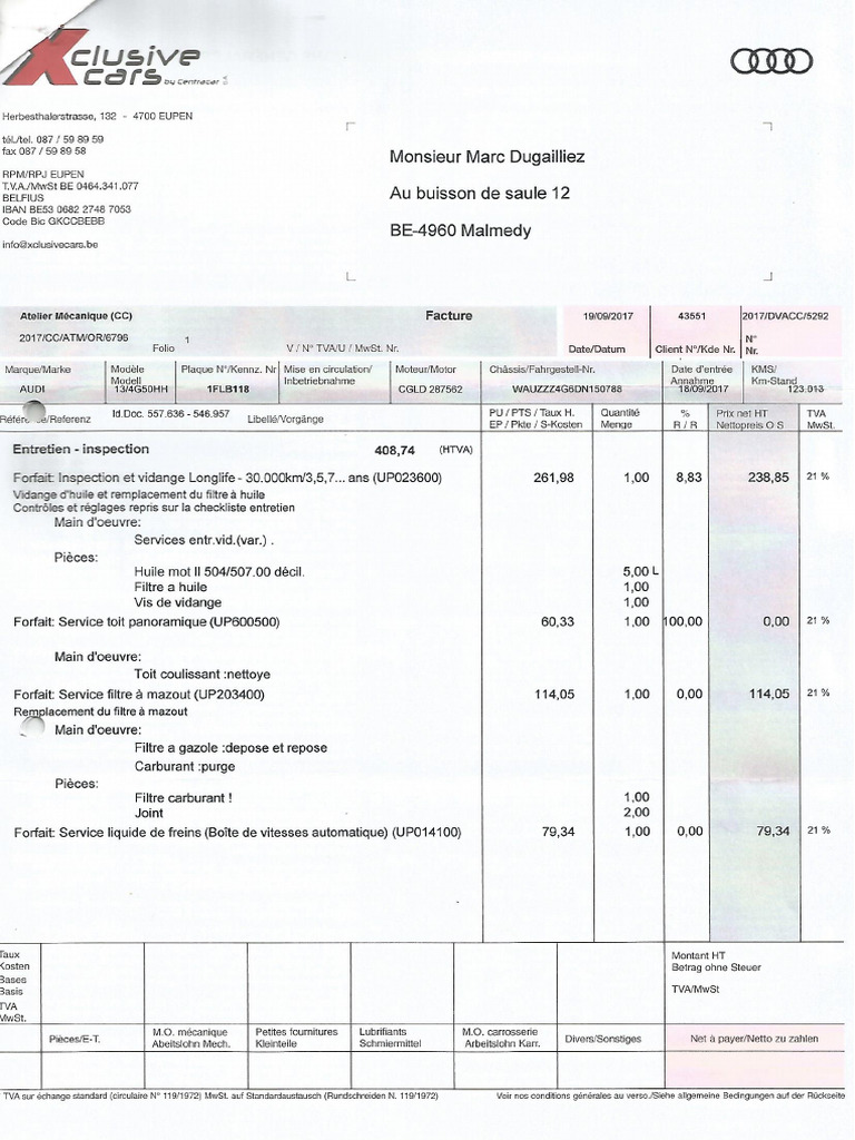 Facture 2 Feuille 1 Exclusive Cars Officiel Audi Entretien | PDF