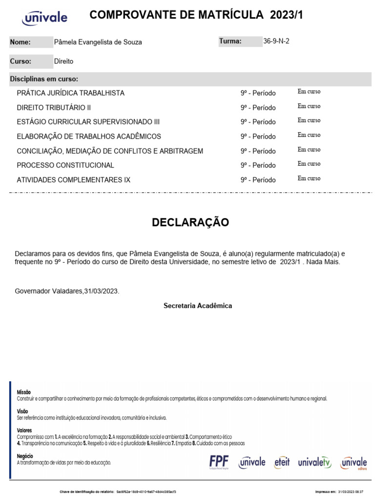 Comprovante de Matricula | PDF