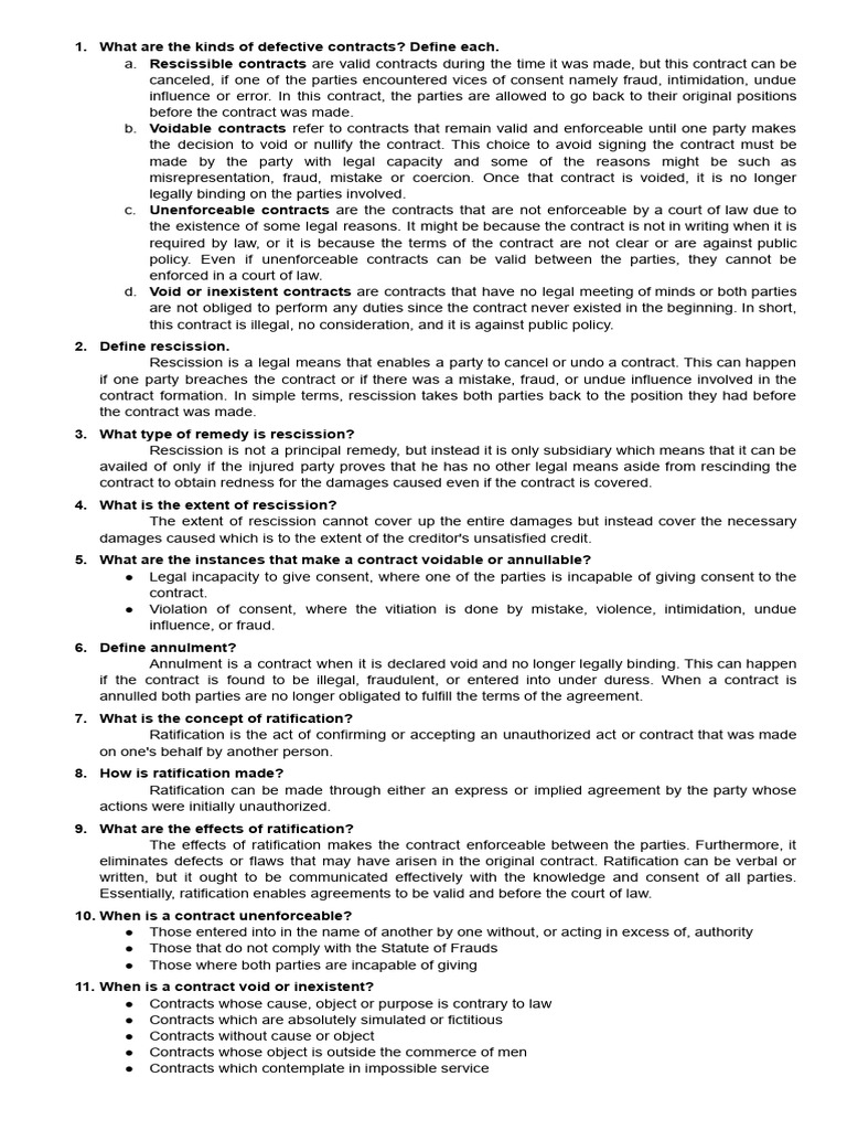 Types of Defective Contracts Explained | PDF | Annulment | Legal Concepts