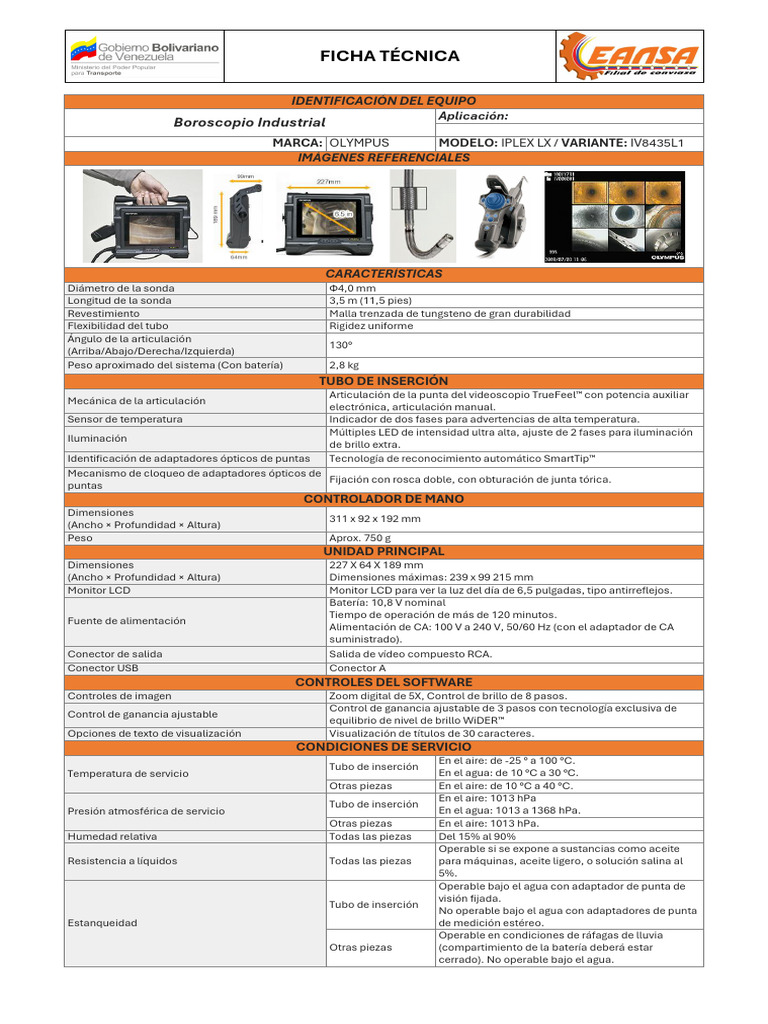 Ficha Técnica de Boroscopio Olympus | PDF | Agua | Pascal (Unidad)