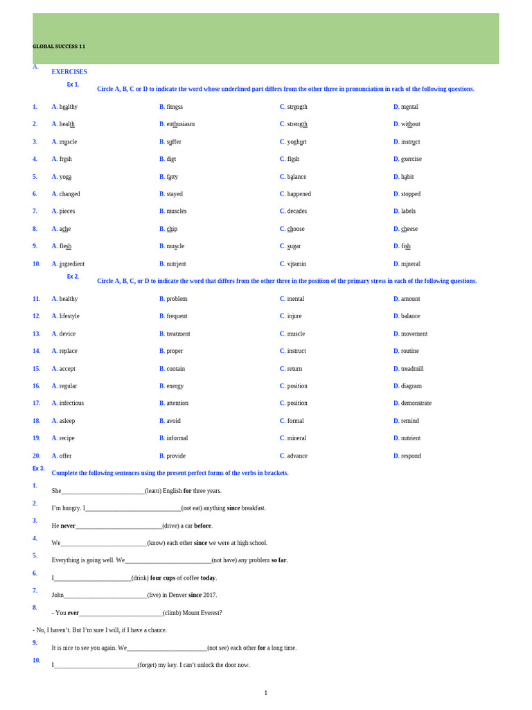 Unit 1 Exercises 11 Global | PDF | Dieting | Infection