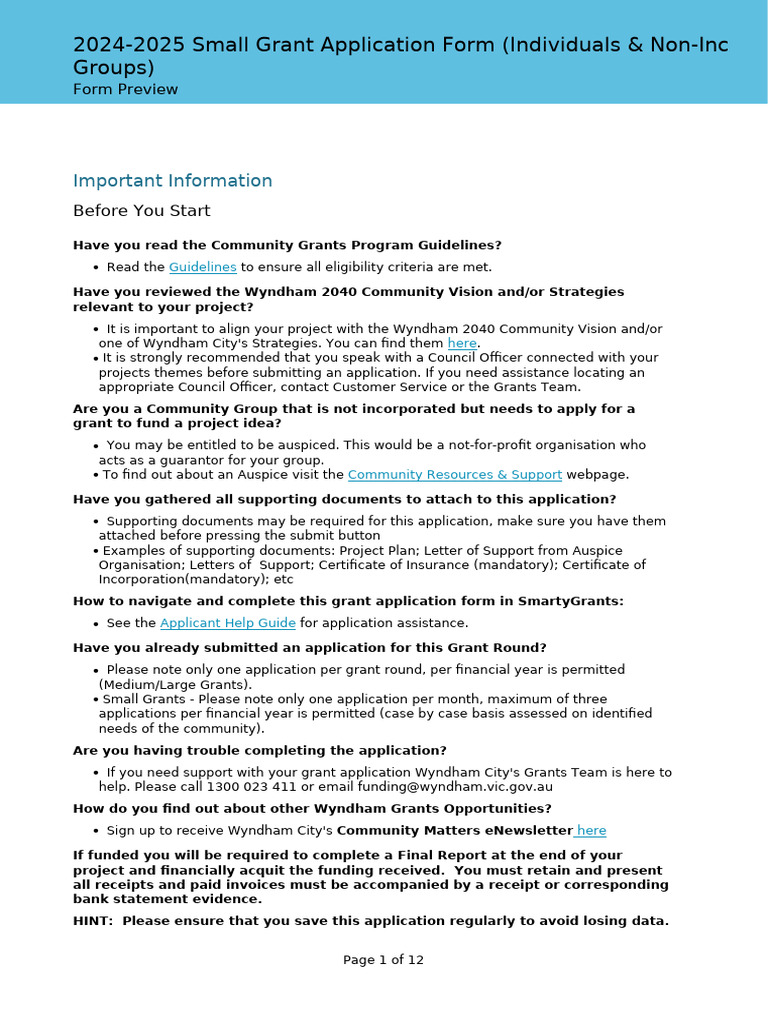 2024-2025 Small Grant Application Form (Individuals & Non-Inc Groups ...