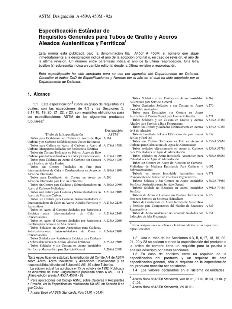 Requisitos ASTM A450 Tubo | PDF | Acero | Tubería (transporte de fluidos)