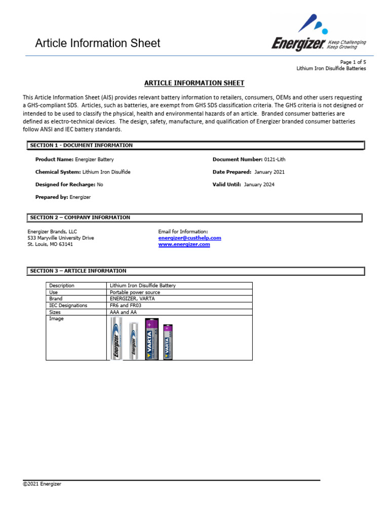 F Lithium Iron Disulfide Batteries Ais-Limno2 | PDF | Safety ...