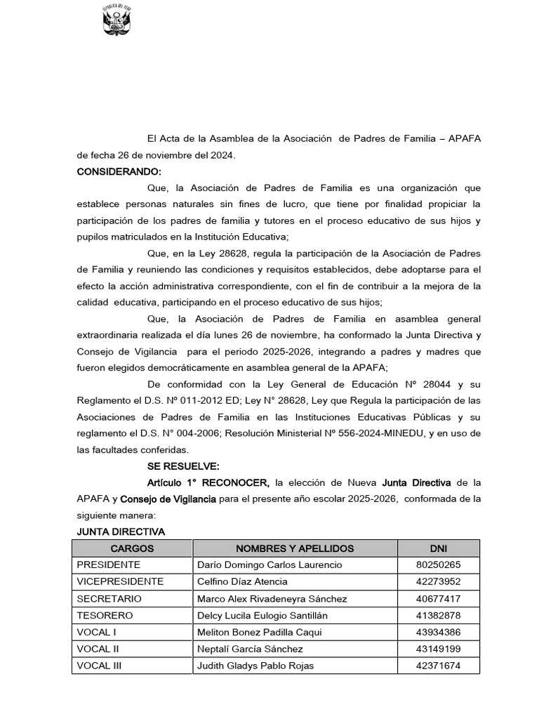 Nueva Junta Directiva APAFA 2025-2026 | PDF | Gobierno