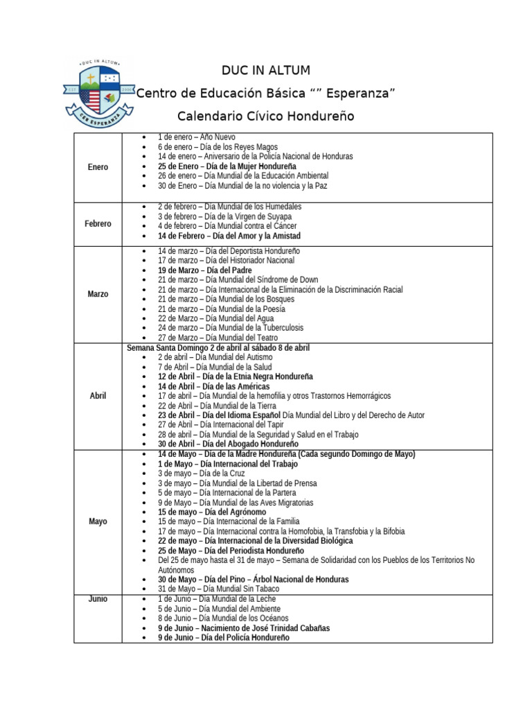 Calendario Cívico de Honduras 2025 | PDF | Honduras