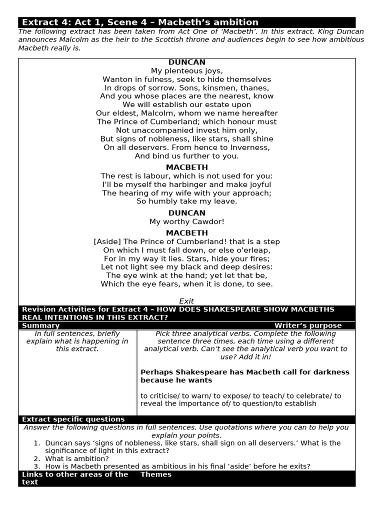 Macbeth Act 1 Scene 4: Ambition Revealed | PDF | Macbeth ...