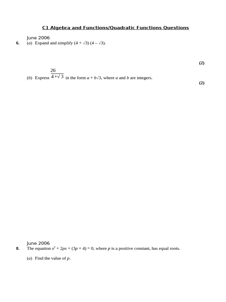 2) C1 Algebra and Functions and Quadratic Functions Questions | PDF