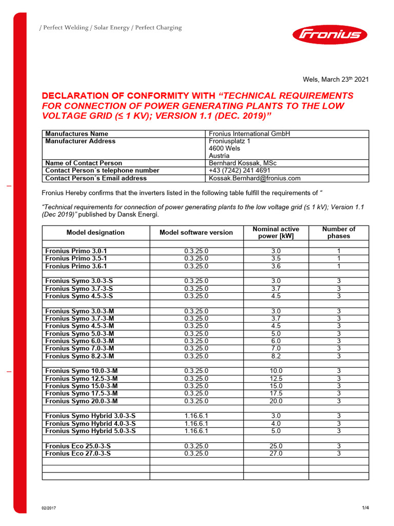 SE CER Manufacturer Declaration RFG Implementation Denmark Fronius ...