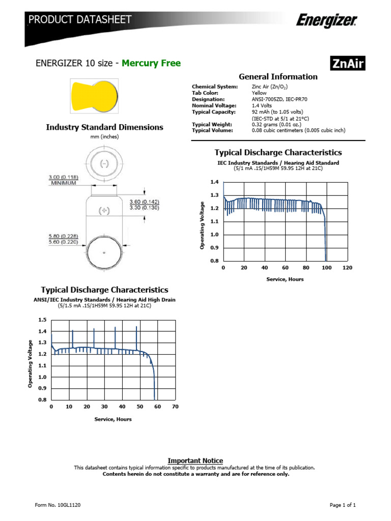 ENERGIZER 10 Size - Mercury Free Product-Sheet-Zinc-10 | PDF | Electrical Components ...