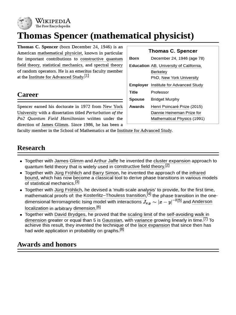 Thomas Spencer (Mathematical Physicist) | PDF | Quantum Field Theory ...