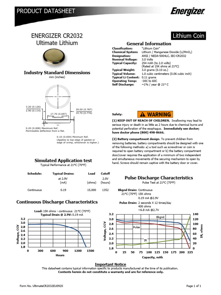 ENERGIZER CR2032 Ultimate Lithium Product Sheet ULT 2032 1 | PDF ...