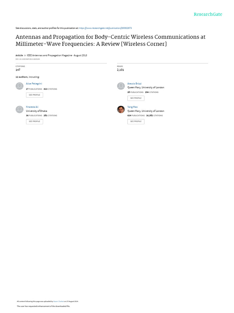 Antennas And Propagation For Body Centric Wireless Communications At Millimeter Wave Frequencies