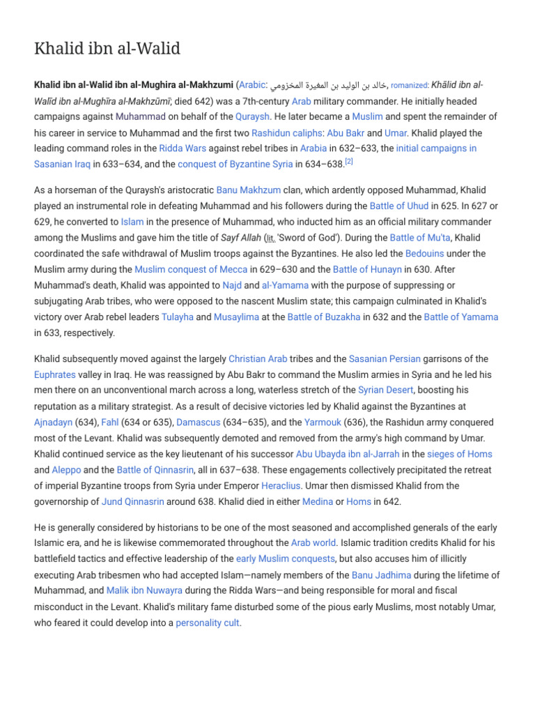 Khalid Ibn Al-Walid - Wikipedias | PDF | Muhammad | Umar