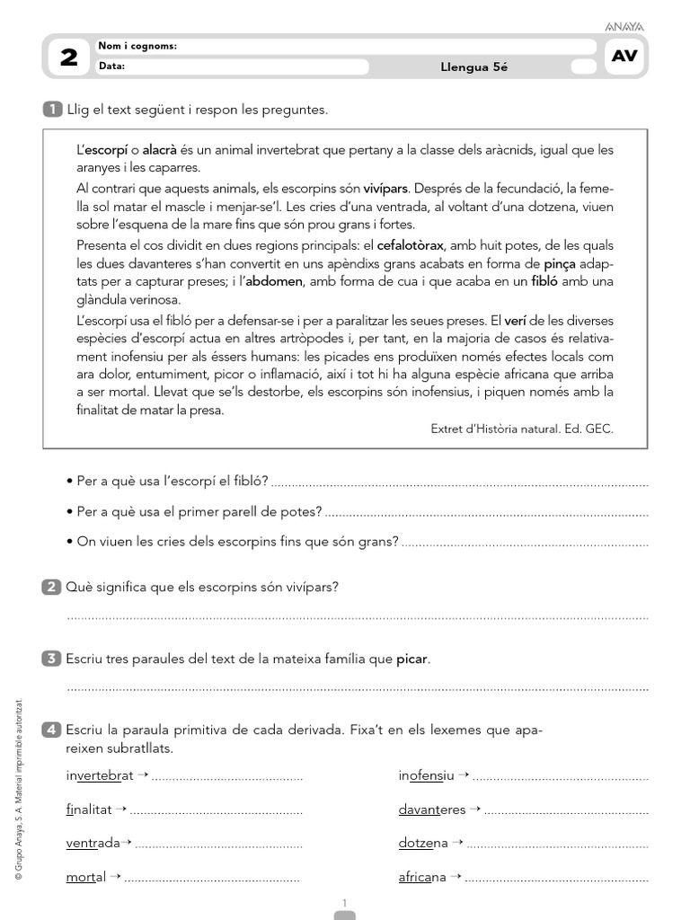 Escorpí Alacrà Vivípars: Data: Nom I Cognoms | PDF