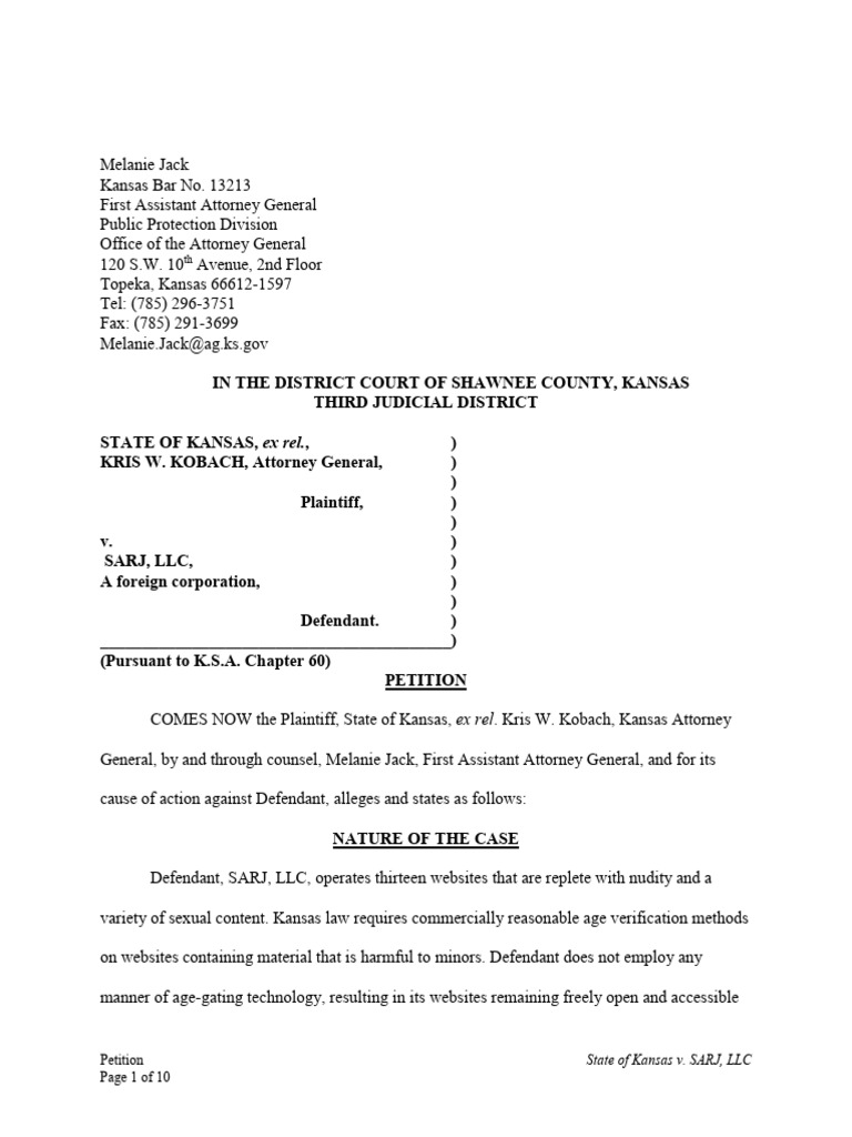 FS Petition Age Veri | PDF | Kris Kobach | Nudity