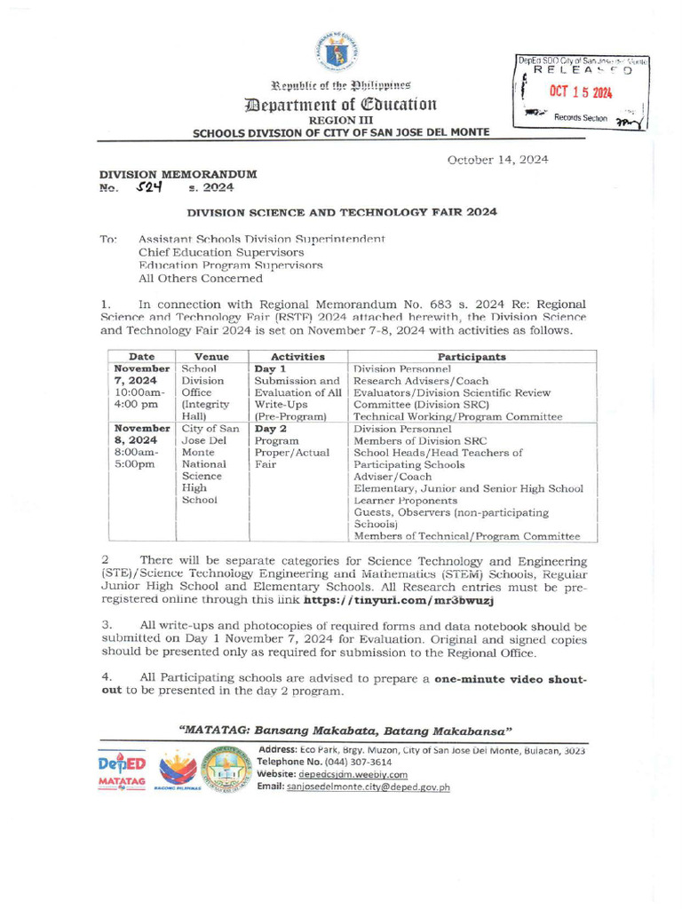 DM No. 524s.2024 Division Science and Technology Fair 2024 | PDF
