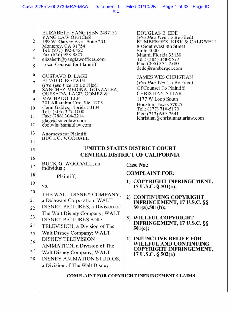 Buck Woodall vs. Disney Copyright Case | PDF | Complaint | Copyright