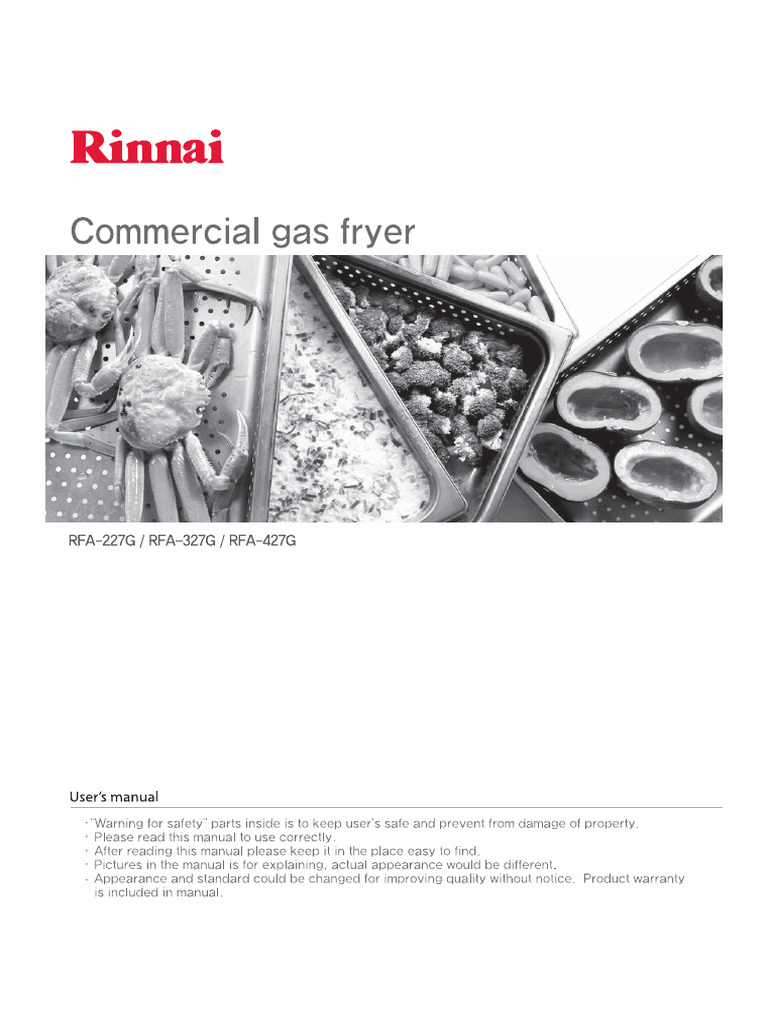 Rinnai Malaysia Gas Fryer RFA 227G 327G 427G User Manual | PDF