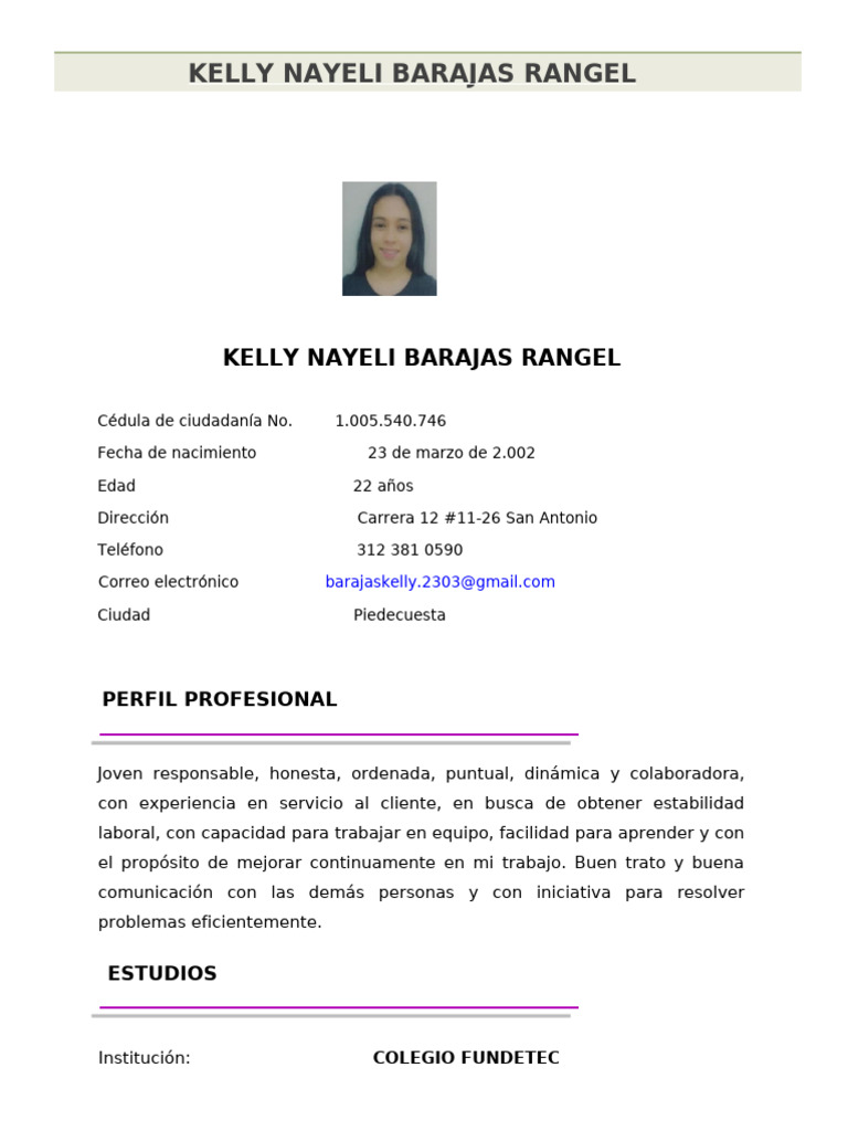 Hoja de Vida Kelly Nayeli Barajas 23 | PDF