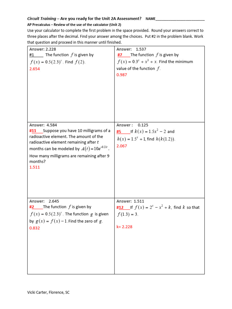 AP Precalculus Unit 2A Assessment Review | PDF | Mathematics ...
