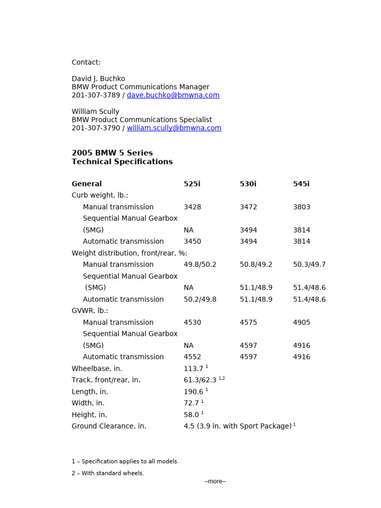 BMM 2005 5 Series Specifications | PDF | Steering | Fuel Economy In ...